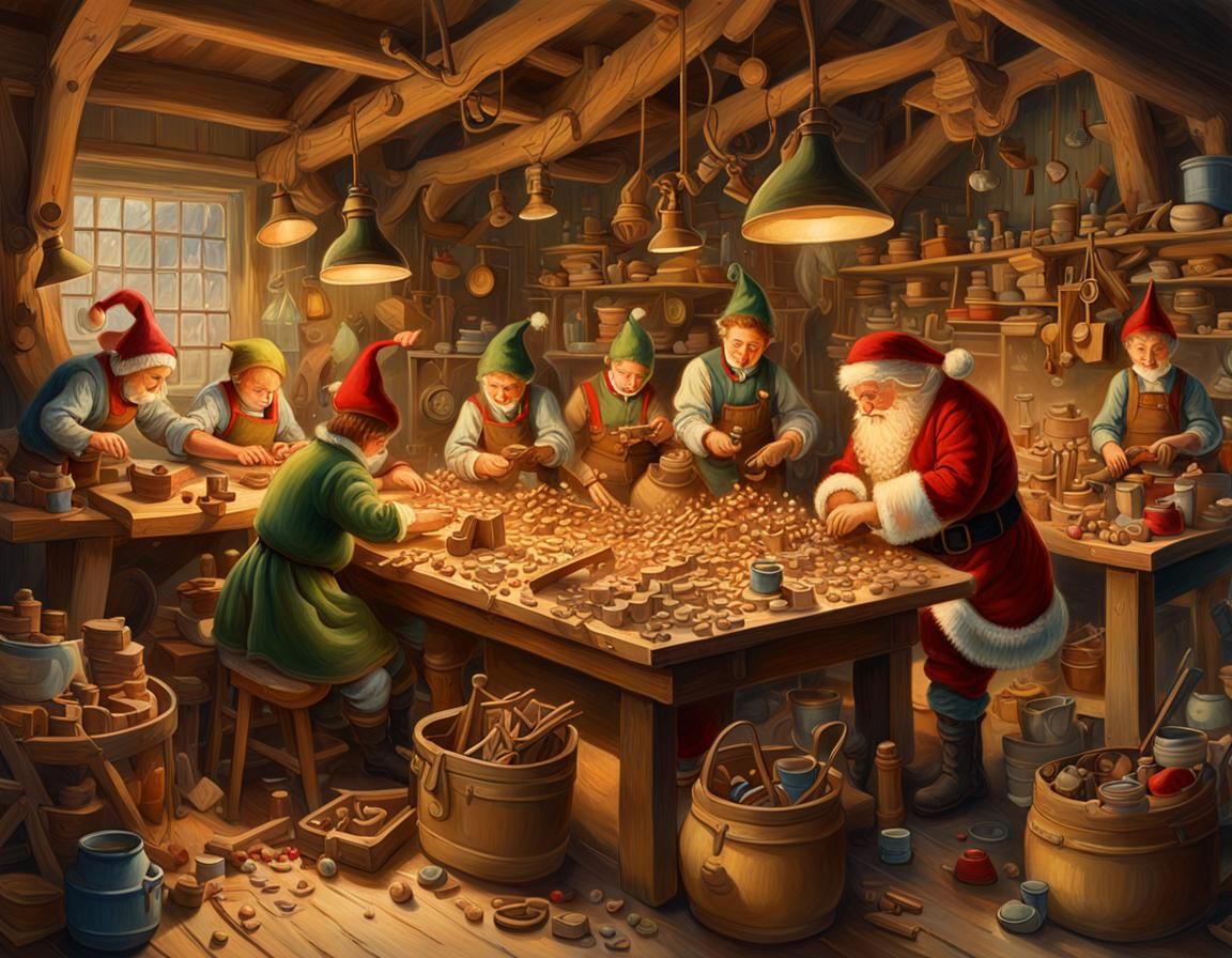 Santa Elves - Whimsical Victorian Elves at Work in a Cozy Wo...