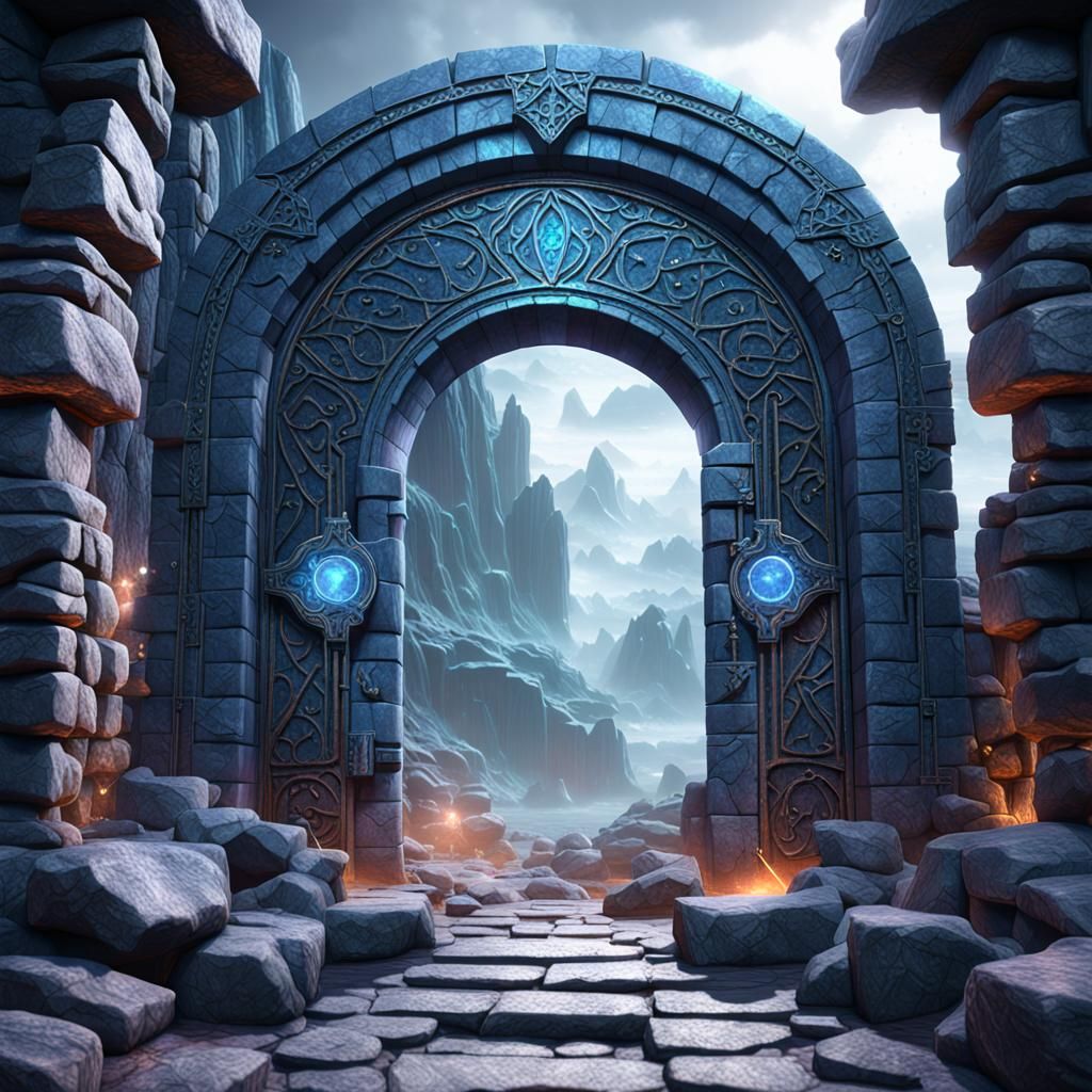 Ominous rift portal made of cut stone lined with silver metals covered ...