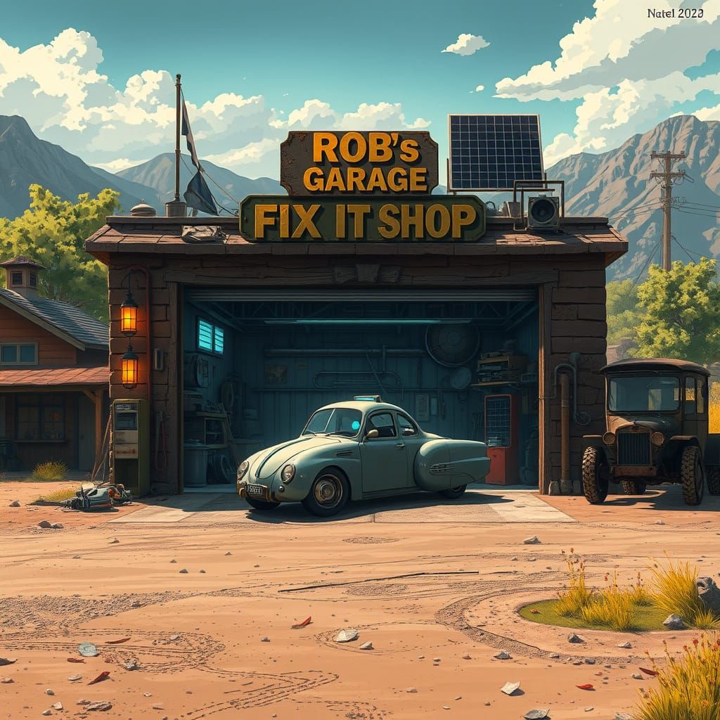 Post-Apocalyptic Garage in a Futuristic, Distopian... - AI Art