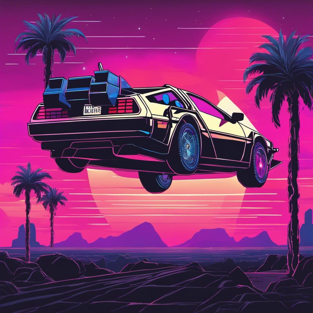 RetroWave Style DeLorean flying - AI Generated Artwork - NightCafe Creator