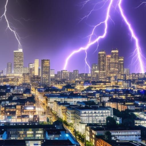 A heavy thunderstorm with vivid blue and purple lightning over a city ...