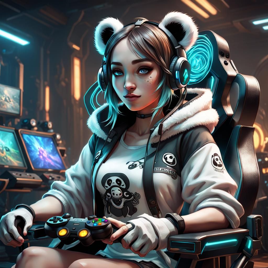 Cute girl panda, in a gaming room, holding a gaming controller, On a ...