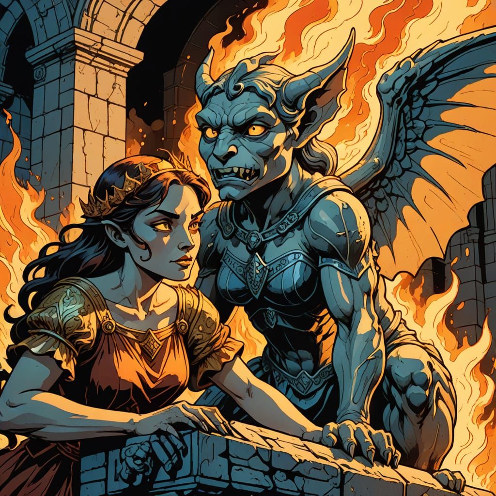 Gargoyle Protecting Fairy in Vintage Comic Style - AI Art