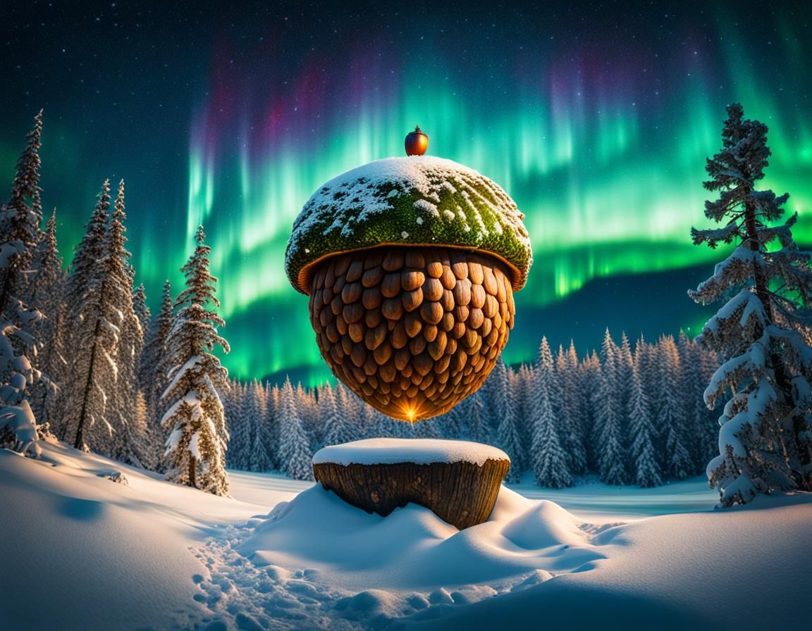 Giant acorn with Snowing Forest - AI Generated Artwork - NightCafe Creator