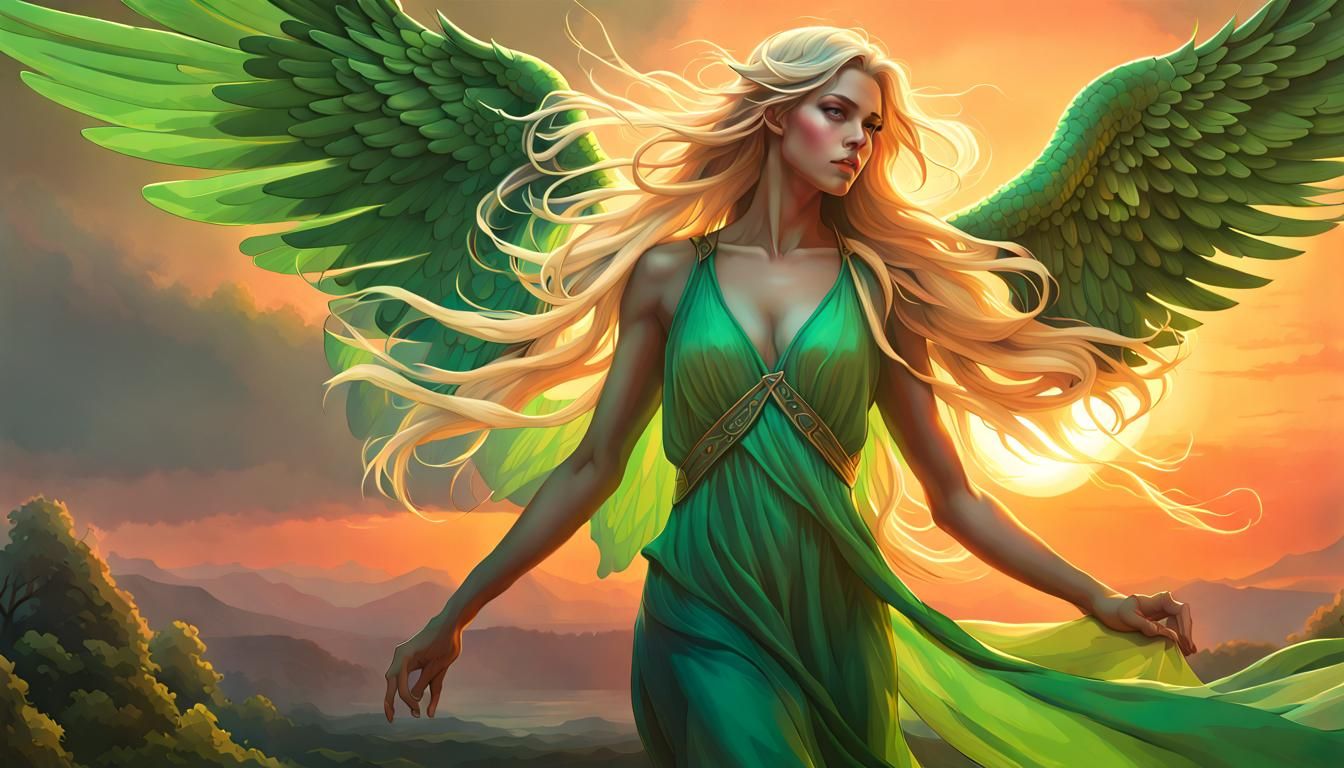 Green Angel, long blonde hair, beautiful, majestic, flying, gentle ...