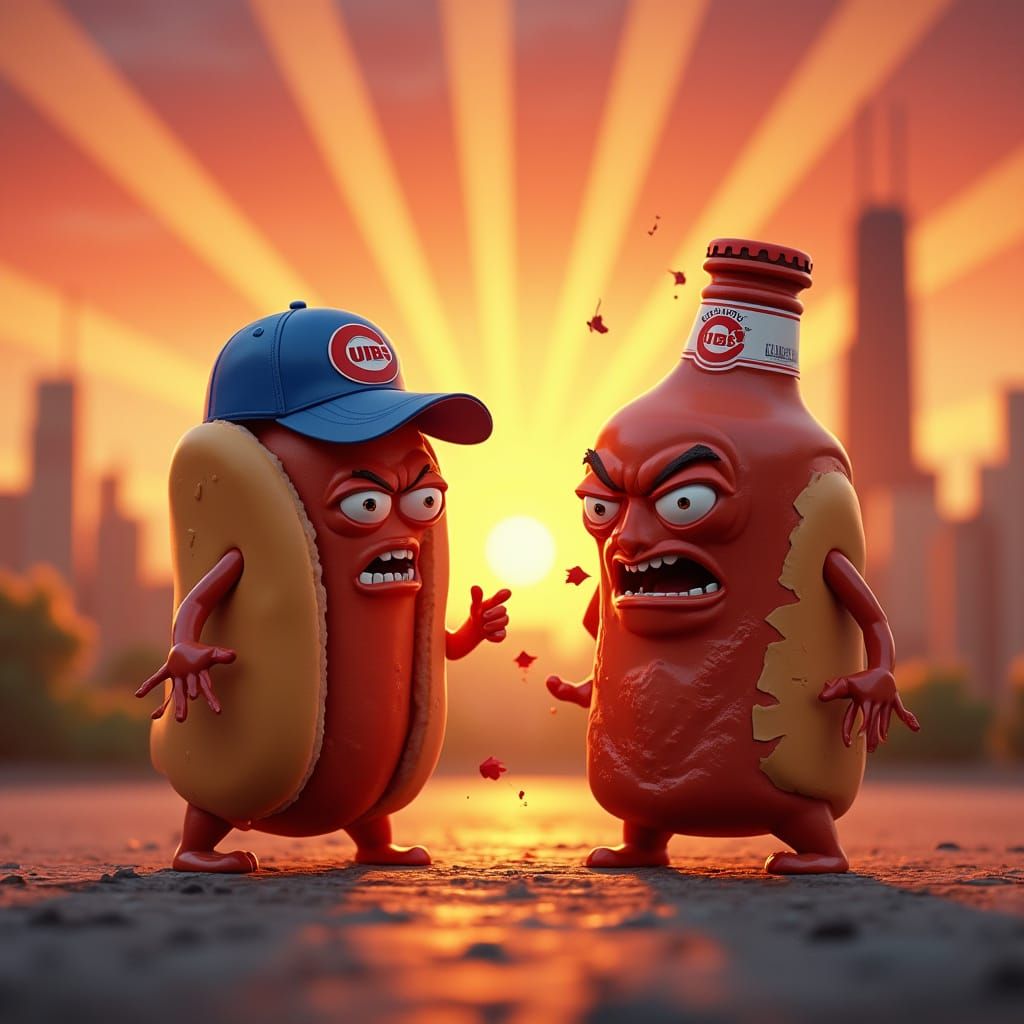 Chicago Street Battle: Hot Dog vs. Ketchup in Pixa... - AI Art