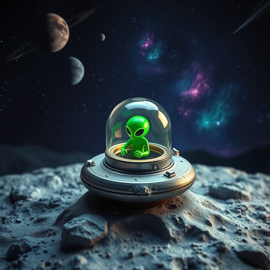 Alien Spaceship on Moonlit Night Sky - AI Art