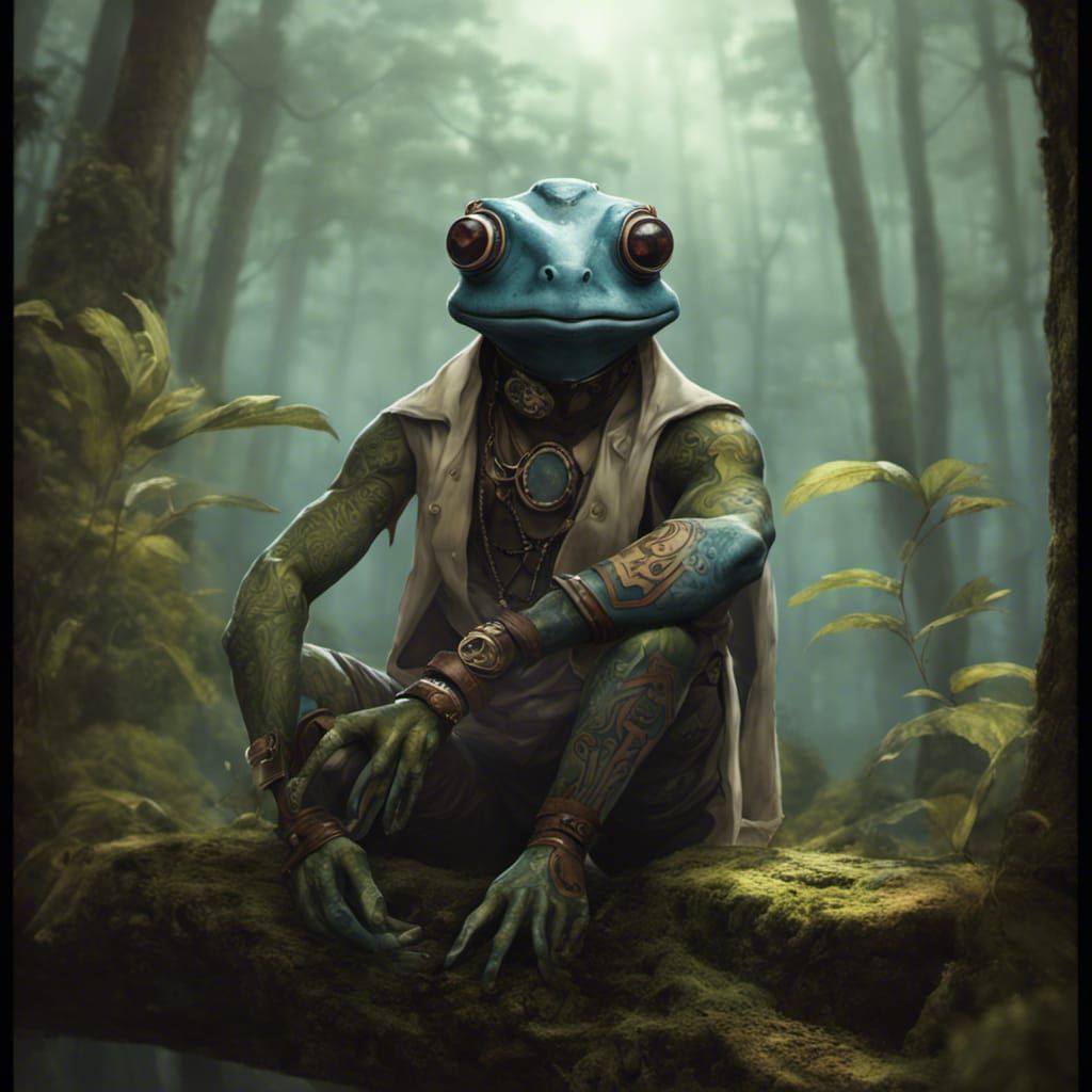 An artificer frog person, frog head, male, bald head, blue skin, tribal ...