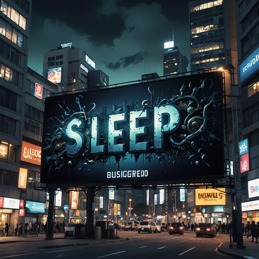 The word "Sleep" emblazoned on a billboard above a city street. Night ...