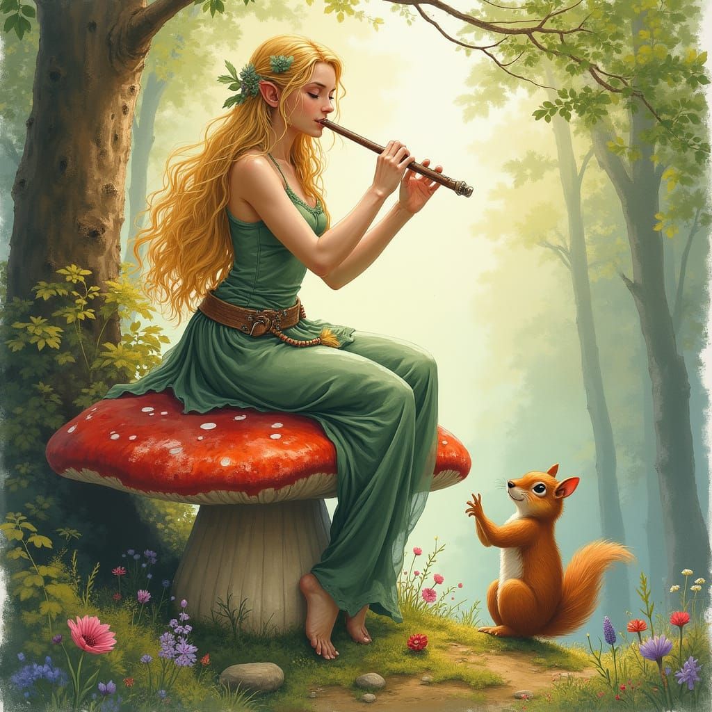 Forest Music - Whimsical Elven Flute Player in Watercolor