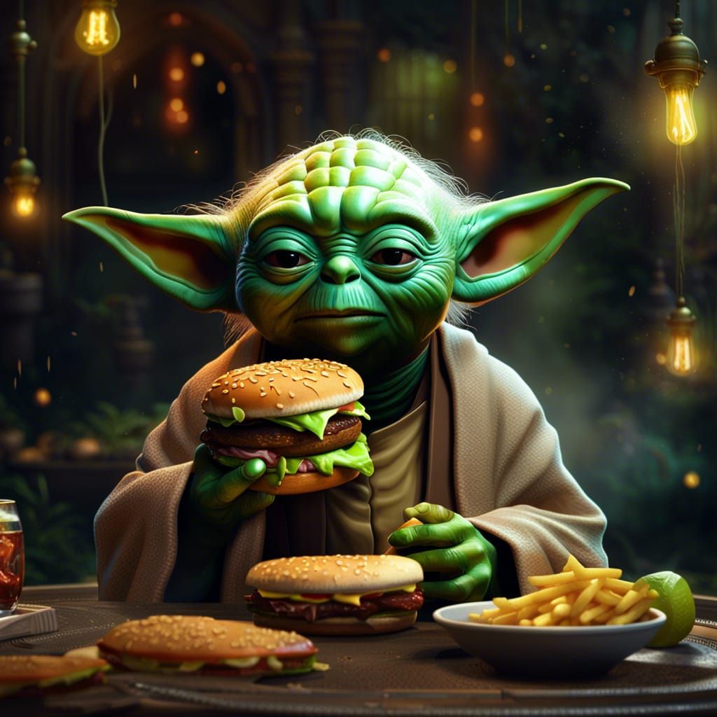 Yoda eating a cheeseburger, centered portrait, 64k resolution sharp ...