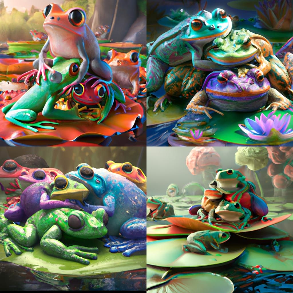 frog family cuddling each different colour on a lillypad hyper ...