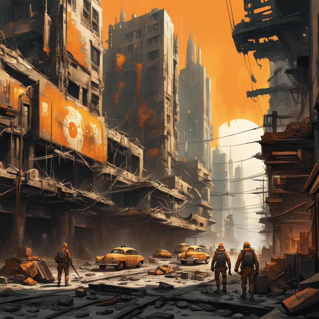 A dystopian post-apocalyptic city scene in the style of 1950s sci-fi ...