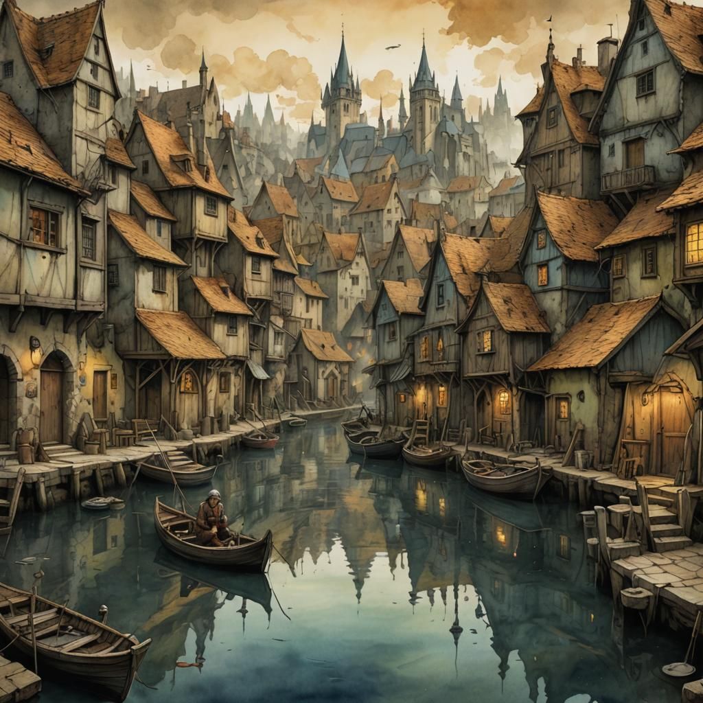 Middle Ages fishing village, Jean-Baptiste Monge inspiration, surreal ...