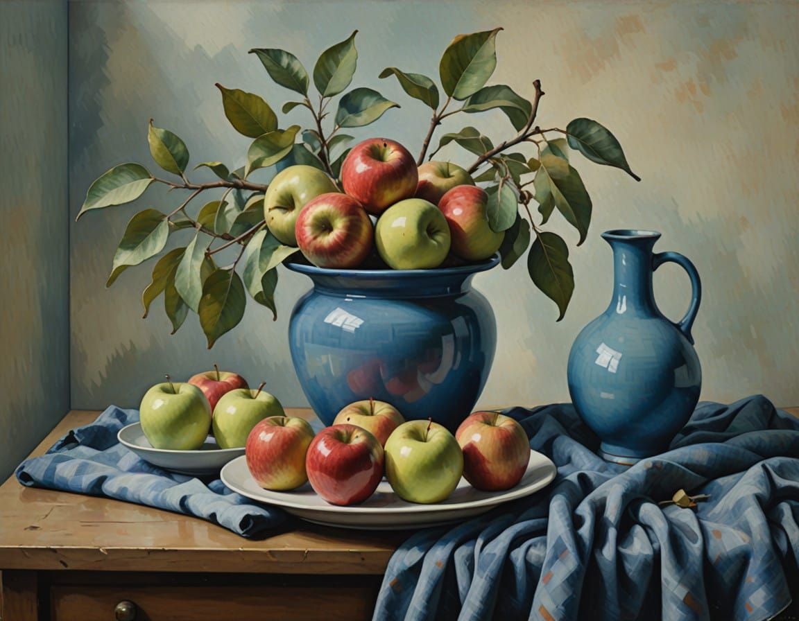 Still Life with Apples and Blue Vase in Post-Impre... - AI Art