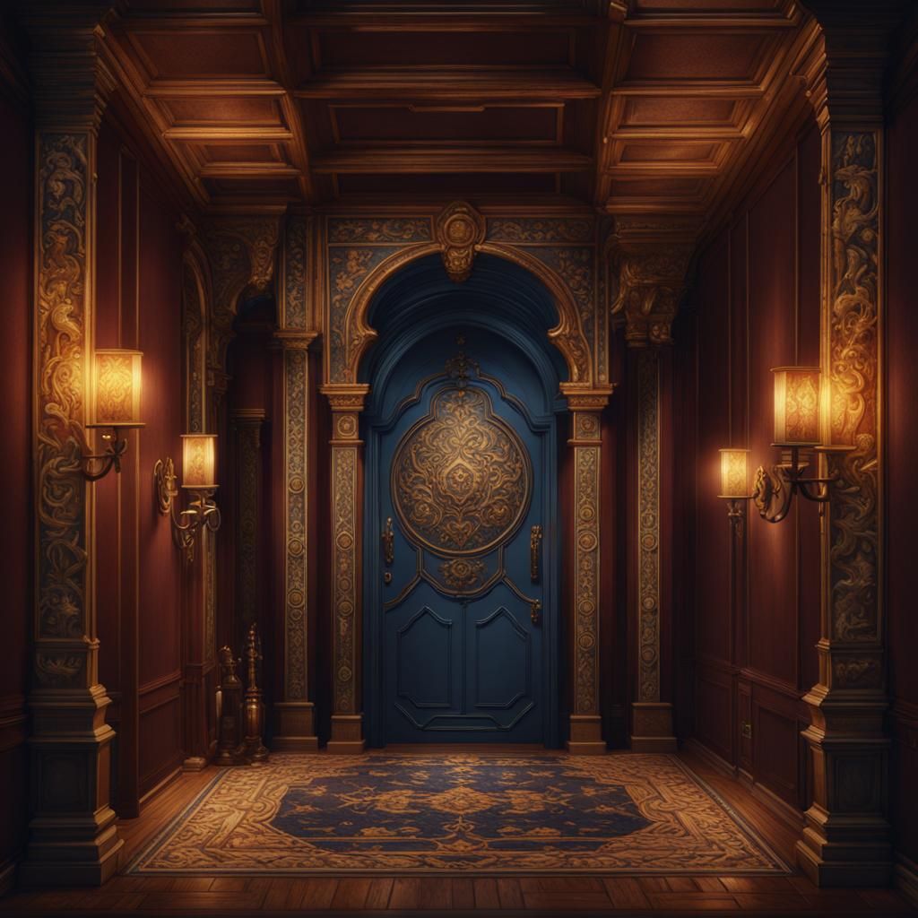 A 2d topdown map of hallway with sconces on the walls and rich carpets ...