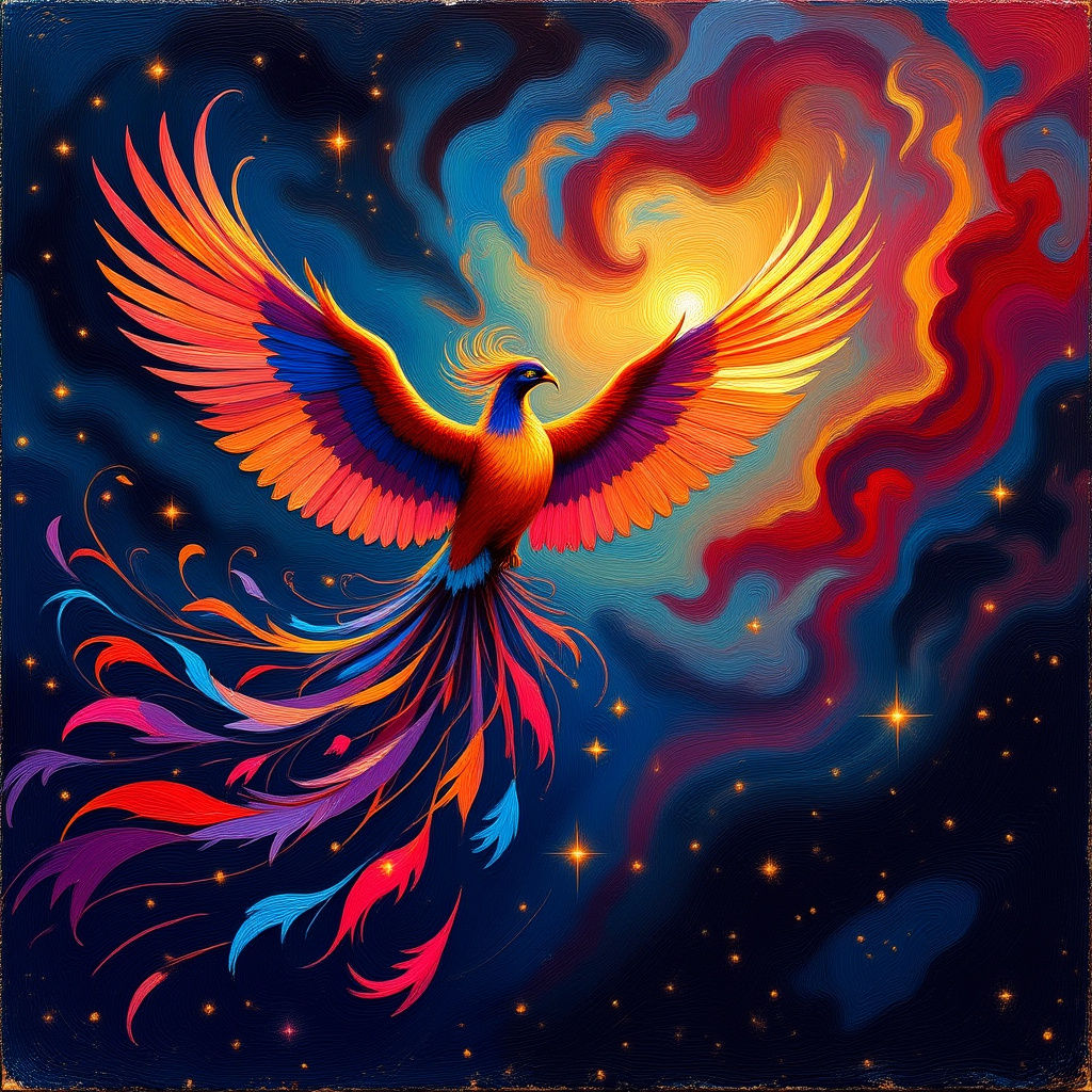 A majestic firebird, composed of pure starlight, soars through the inky blackness of space, its ...