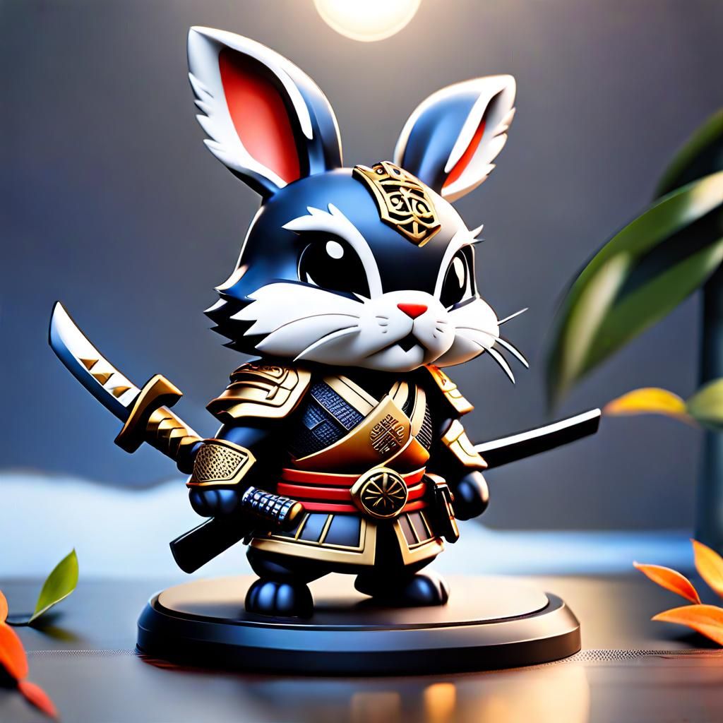 (8k realistic furry chibi rabbit samurai with an oversized head and ...