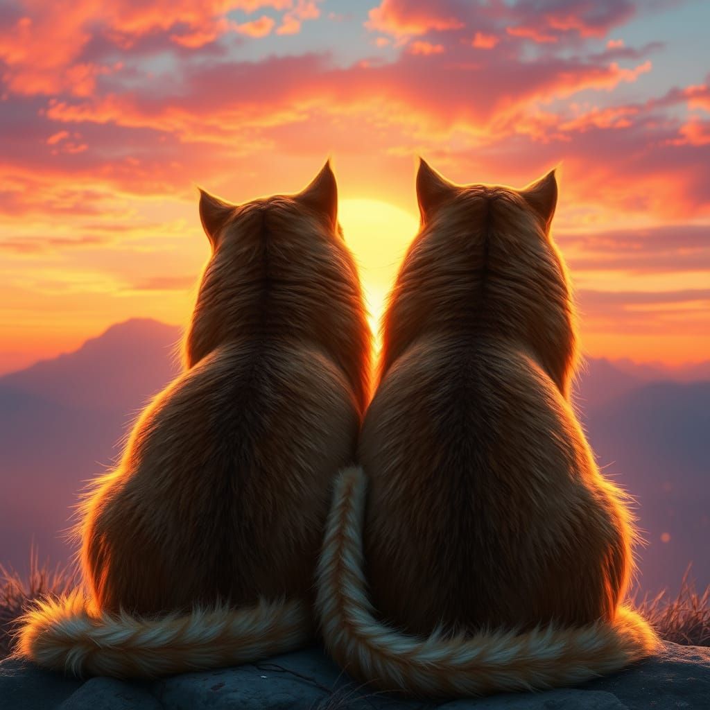 Regal Felines Bask in Sunset's Golden Glow - AI Art