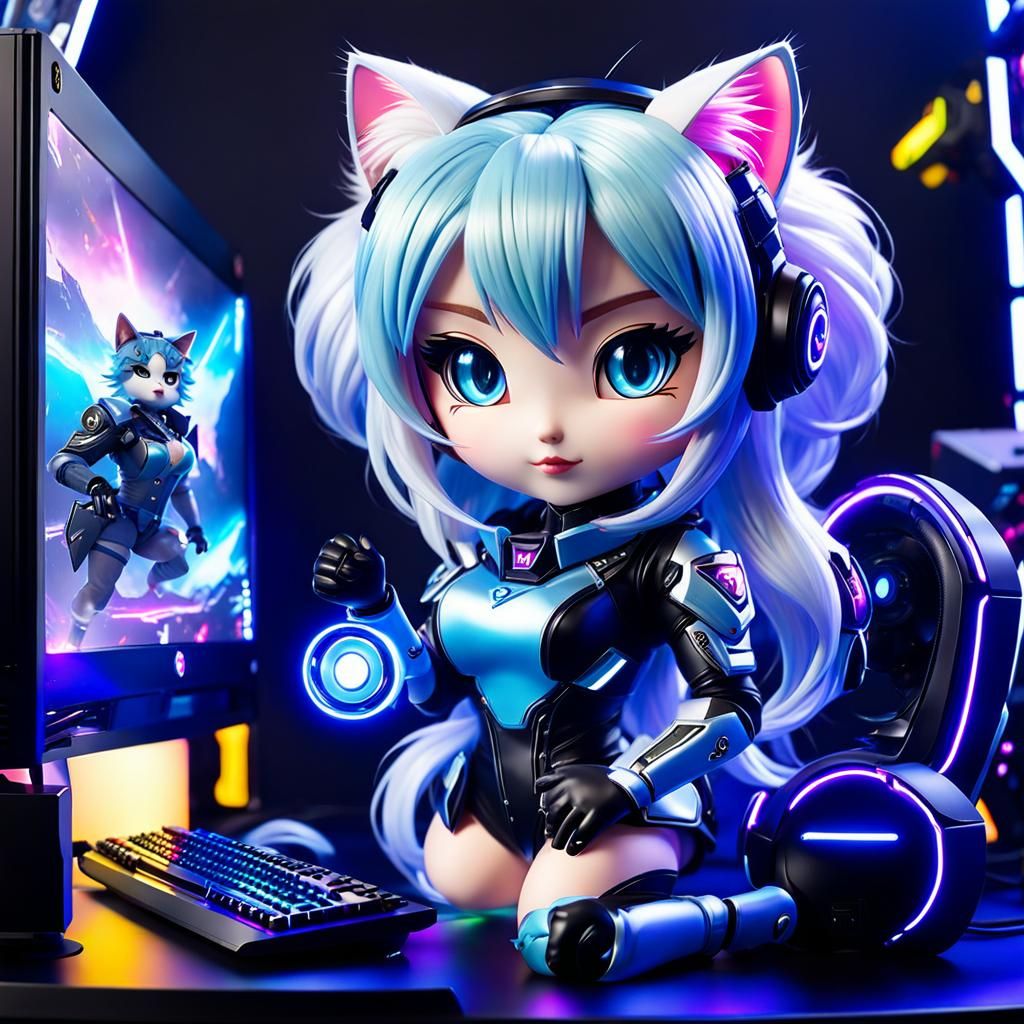 Chibi Cyber cat girl dolly playing at an Ultimate Gaming PC set up - AI Generated Artwork ...