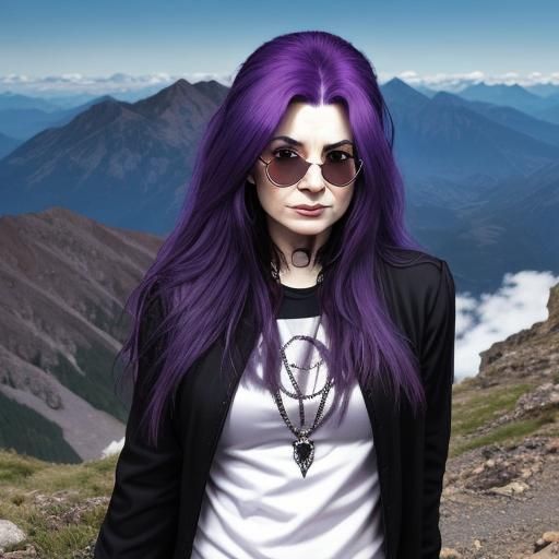 young female ozzy osbourne with purple hair on a mountain - AI ...