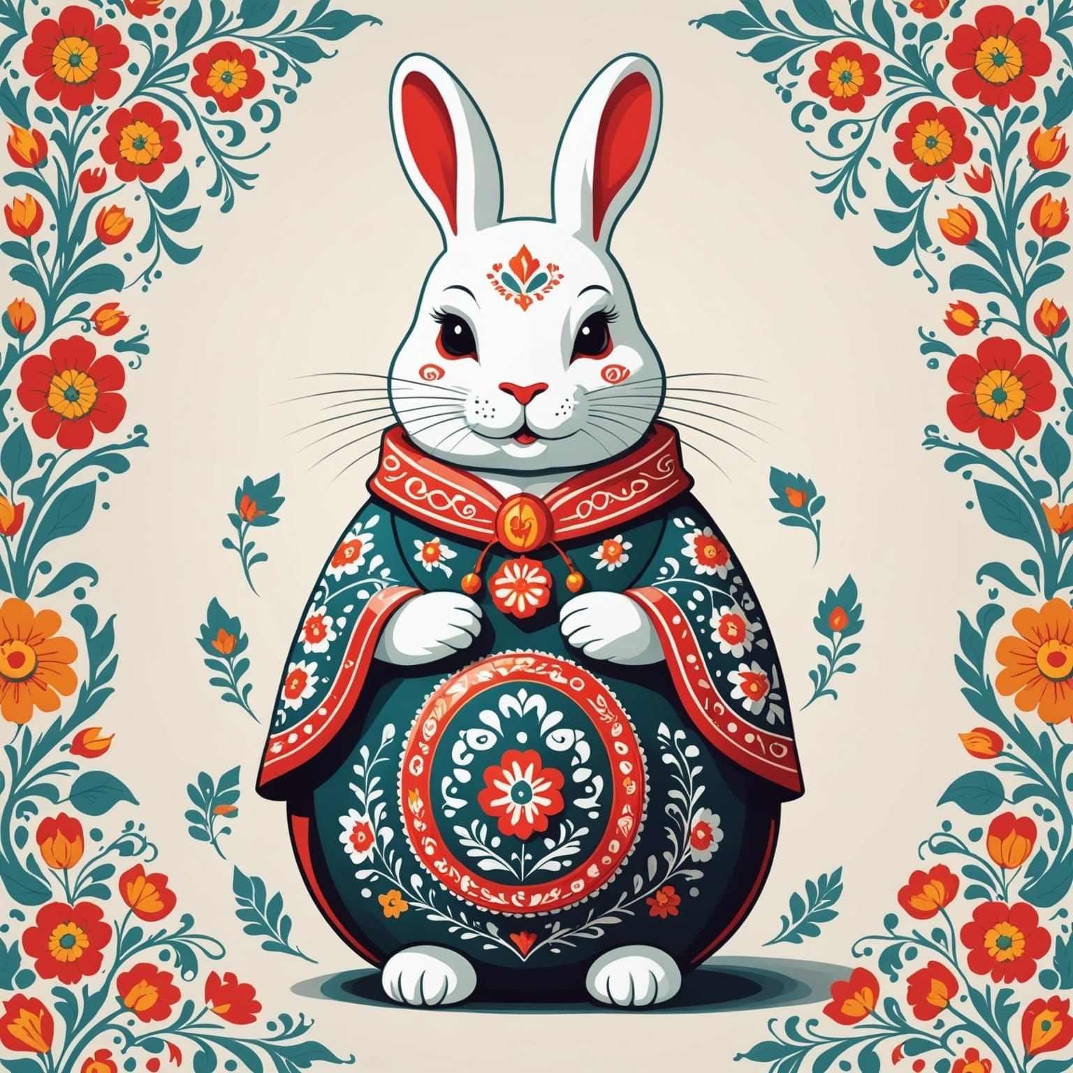 Russian Doll White Rabbit in Folkloric Style - AI Art
