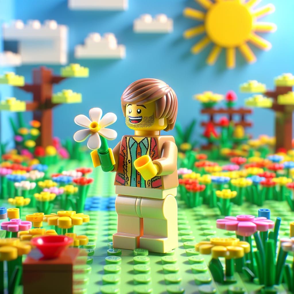 A photorealistic image of a Lego minifigure standing in a vibrant Lego ...