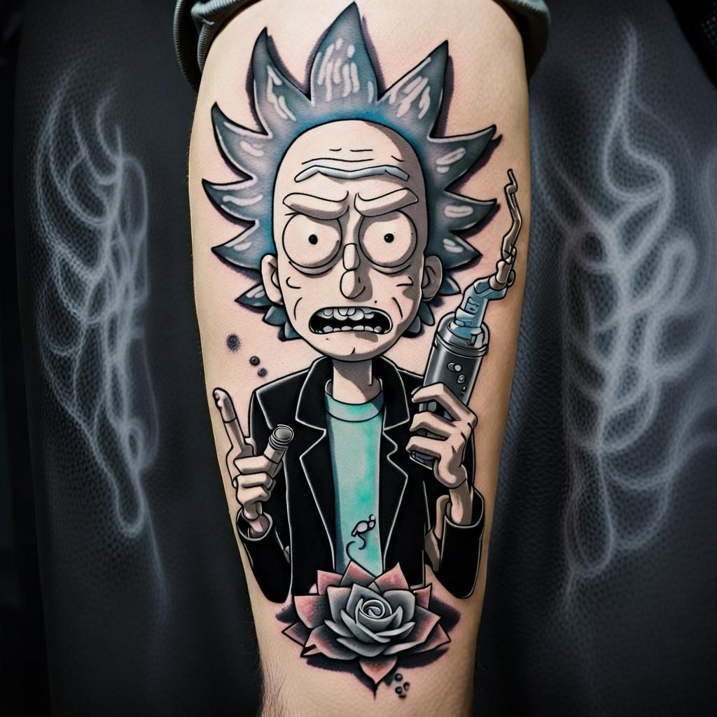 A black and grey tattoo design of Rick from "Rick and Morty" in a ...
