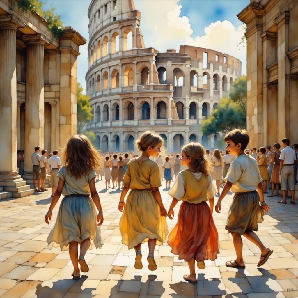Ancient Roman Children Play in Front of the Colise... - AI Art