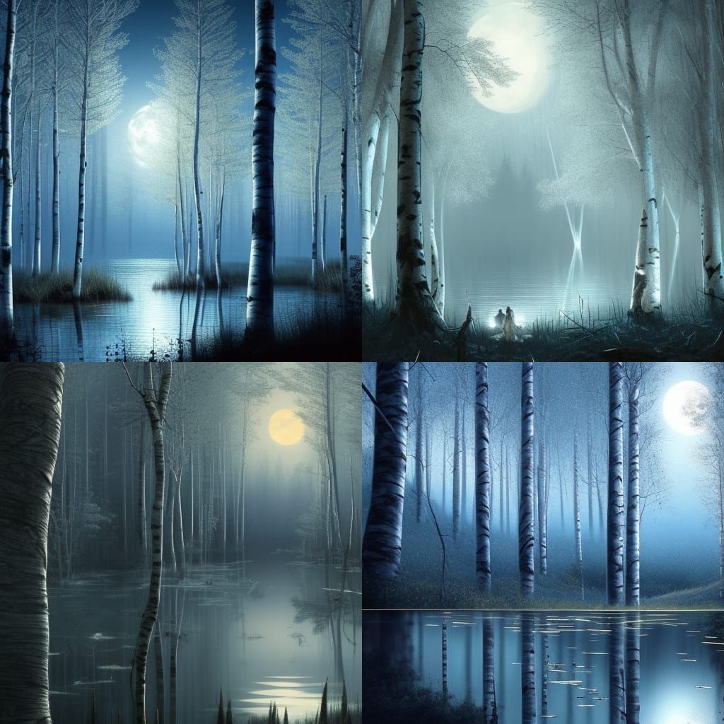 A forest with white birch trees that light up at night and reflect on a ...