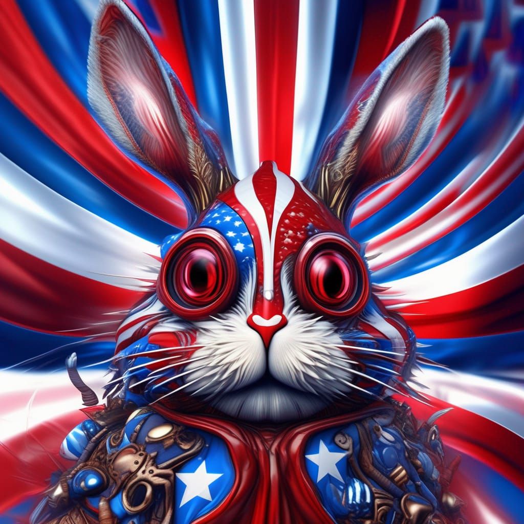 psychedelic rabbit with huge eyer and giant teeth, steampunk, USA flag ...