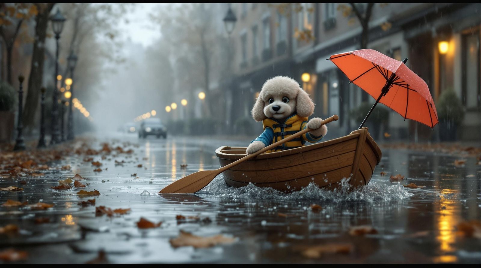 Puddle Paddle Poodle - Realistic Poodle Paddles Tiny Boat in...