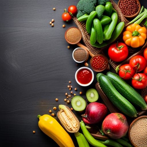 vibrant contrast of vegetables, fruits, grains, fast food, drinks, and ...