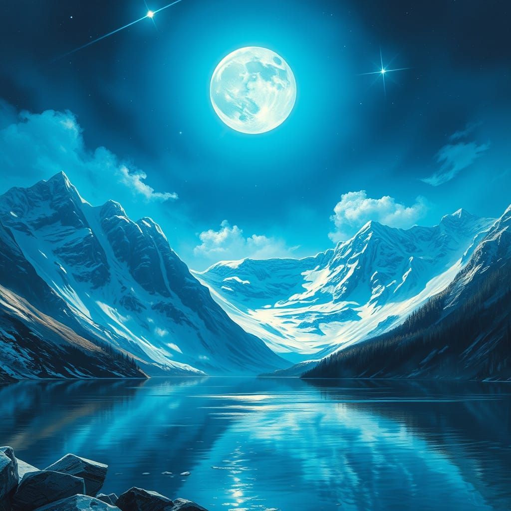 Mystical Night Scene with Full Silver Moon Over Cr... - AI Art
