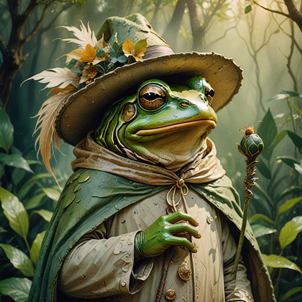 Earth-Toned Anthropomorphic Frog in Whimsical Wate... - AI Art