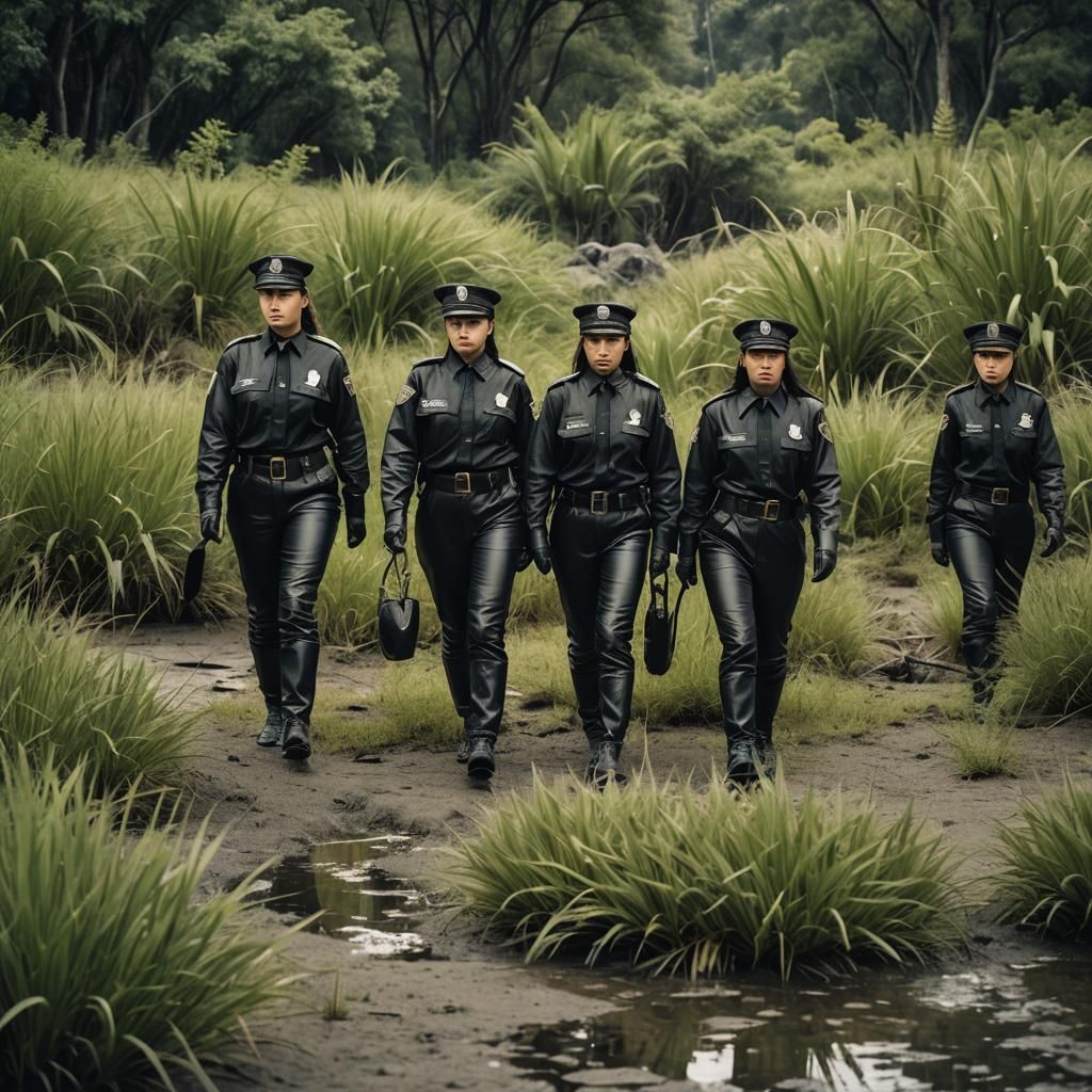 Six statuesque female prison guards wearing black leather uniform and ...