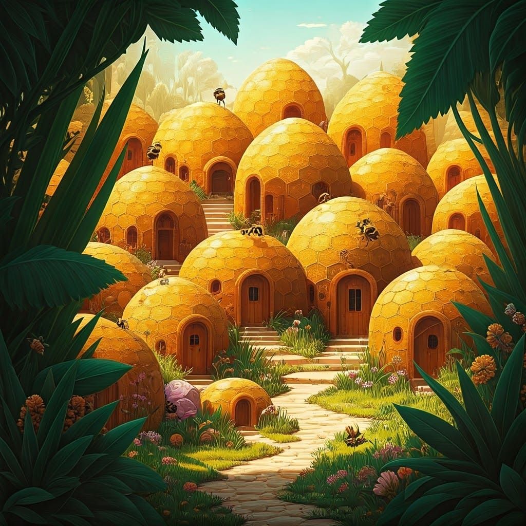 whimsical beehive city, where bees live in tiny, honeycomb-shaped homes.