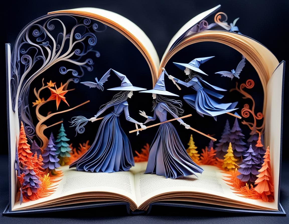 two witches dueling with magic wands in a pop up book, HDR, fractal ...