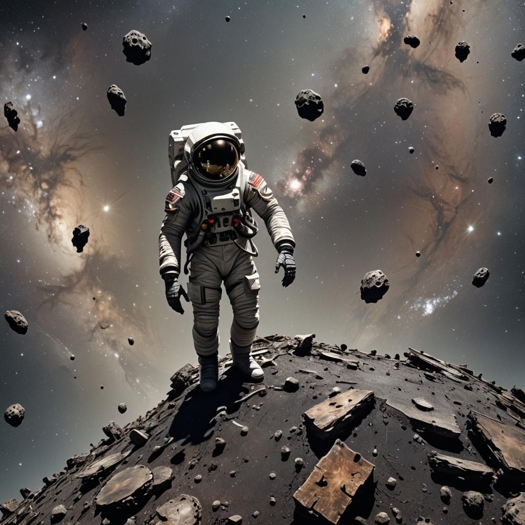 Alien Anthropomorphic Cosmonaut Standing on a piece of debris floating ...