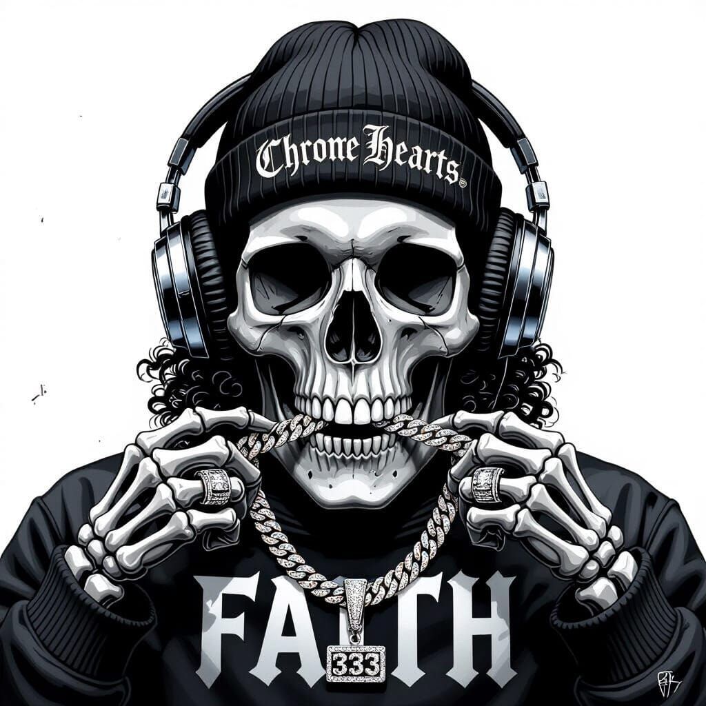 Chicano Skull Tattoo with Diamond Chain and Headph... - AI Art