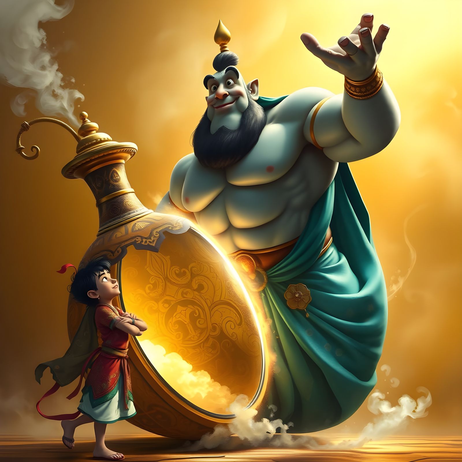 A beautiful masterpiece of Aladdin and the big male genie coming out of ...