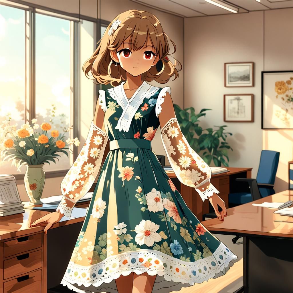 Anime Girl in Celine Tingfly Vintage Designer Floral Print Elegant Midi ...