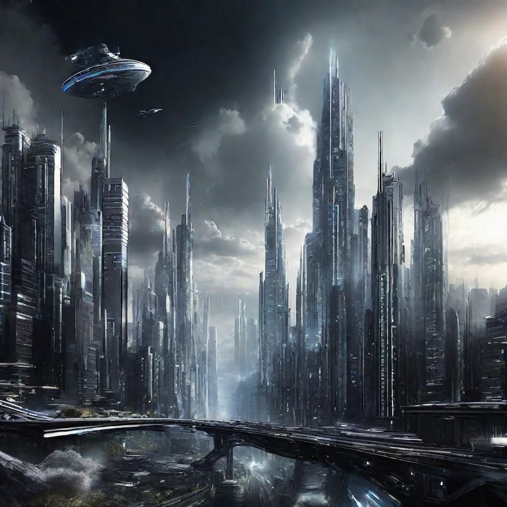 Cyborg city, futuristic, black and white, high rise buildings, roads ...