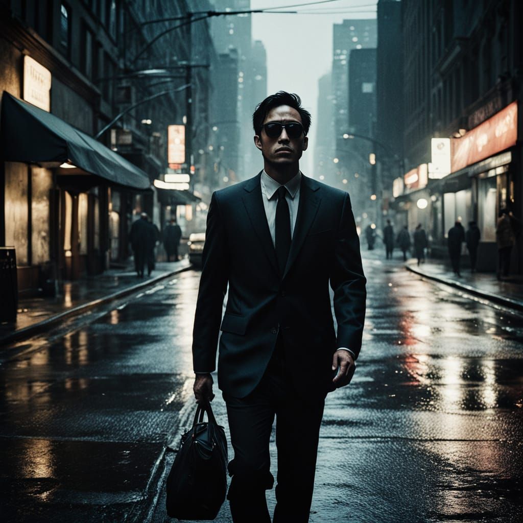 A young man wearing a black suit and sunglasses; walking down a city ...