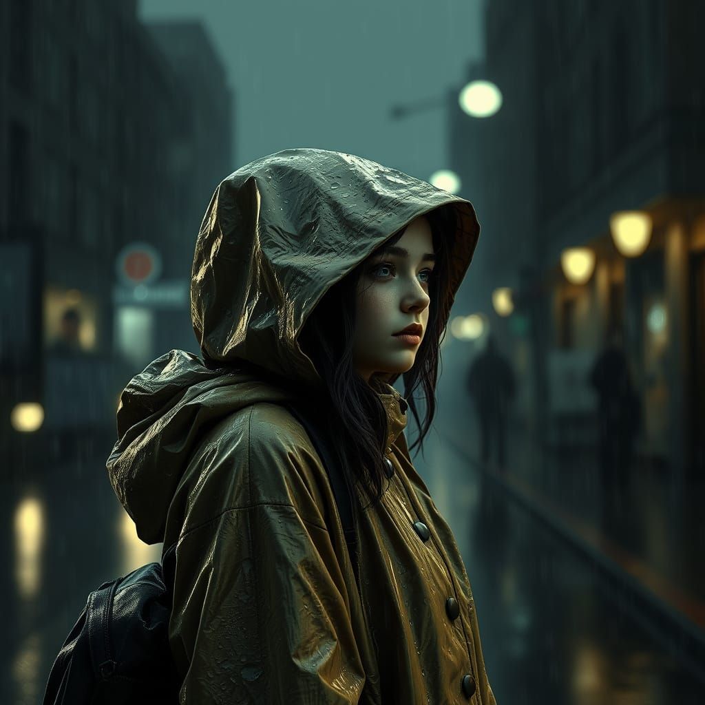Girl on rainy day wearing raincoat 8k resolution concept art by Greg ...