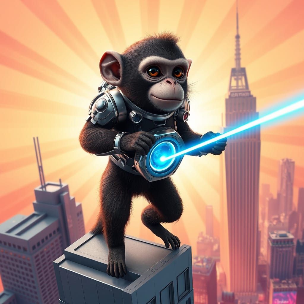 Brown Monkey in Futuristic Exosuit Shoots Laser Be... - AI Art