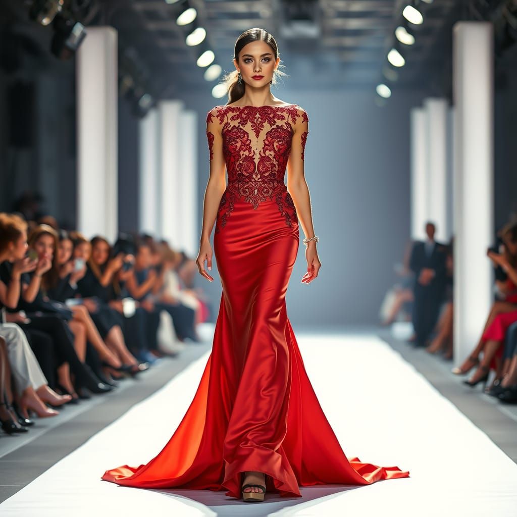 Elegant Woman Struts Down Fashion Runway in Vibran... - AI Art