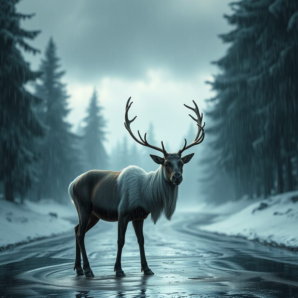 Reindeer in the Rain - Epic Cinematic Digital Painting of Re...