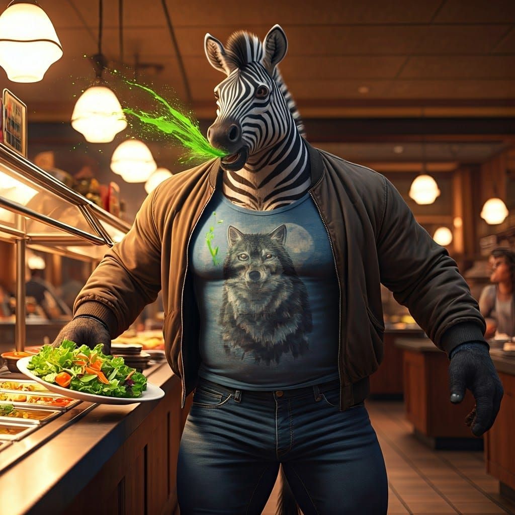 Zeb at the Salad Bar 3 - Anthropomorphic Zebra Man Sneezes a...