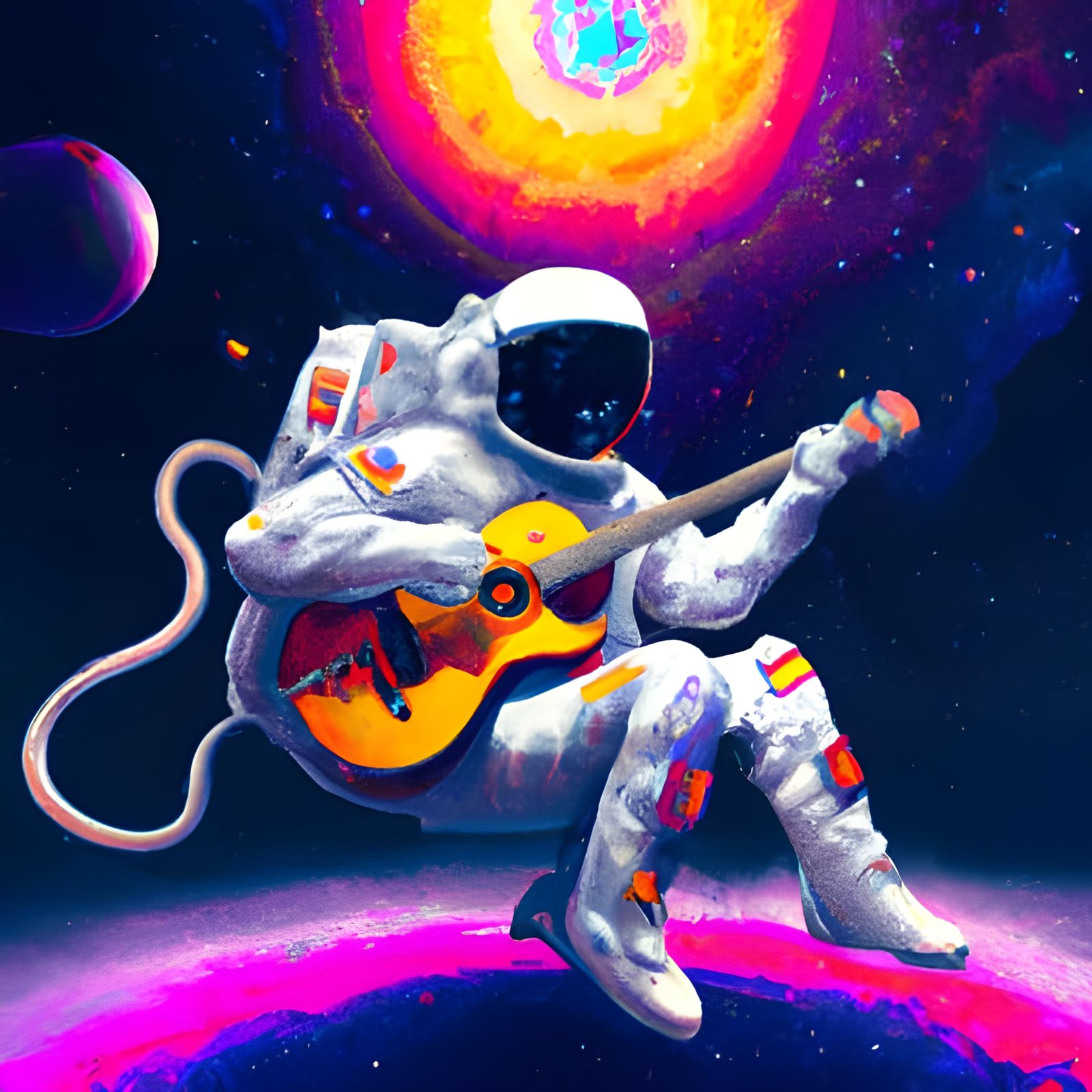 an astronaut playing a guitar in space, digital art by Ștefan Luchian ...